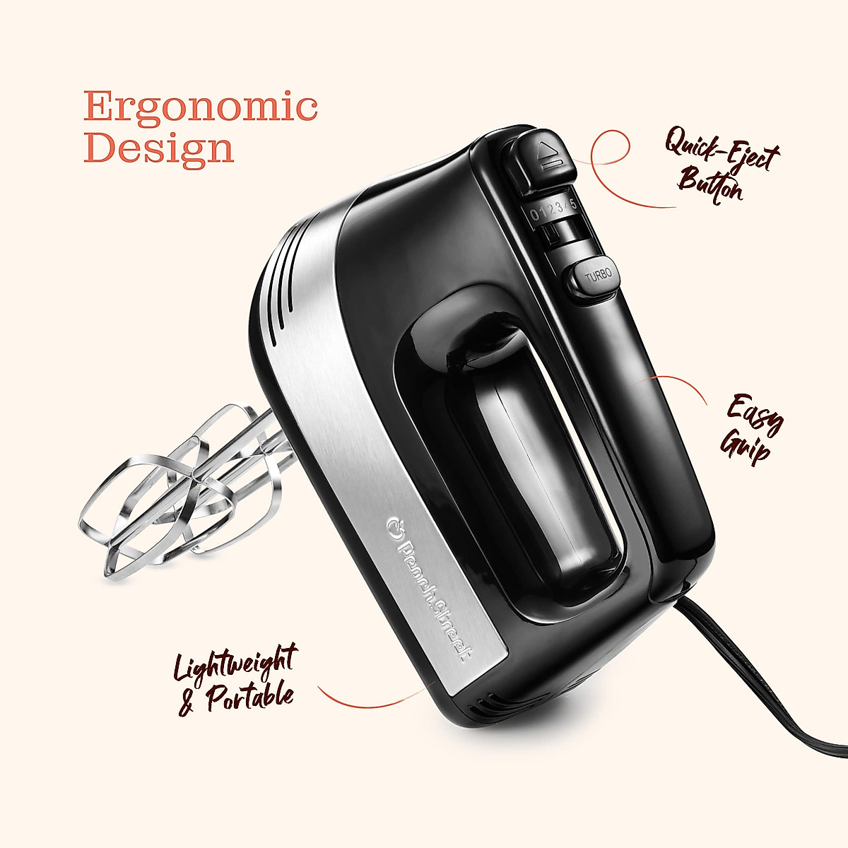 Powerful Electric Kitchen Hand Mixer, 200 Watts, 5 Speed Food Handheld Mixer, with Turbo Button, Dough, Whisk and Beater Attachments, and Accessory Bin, for Dough, Eggs, Batter, (White)