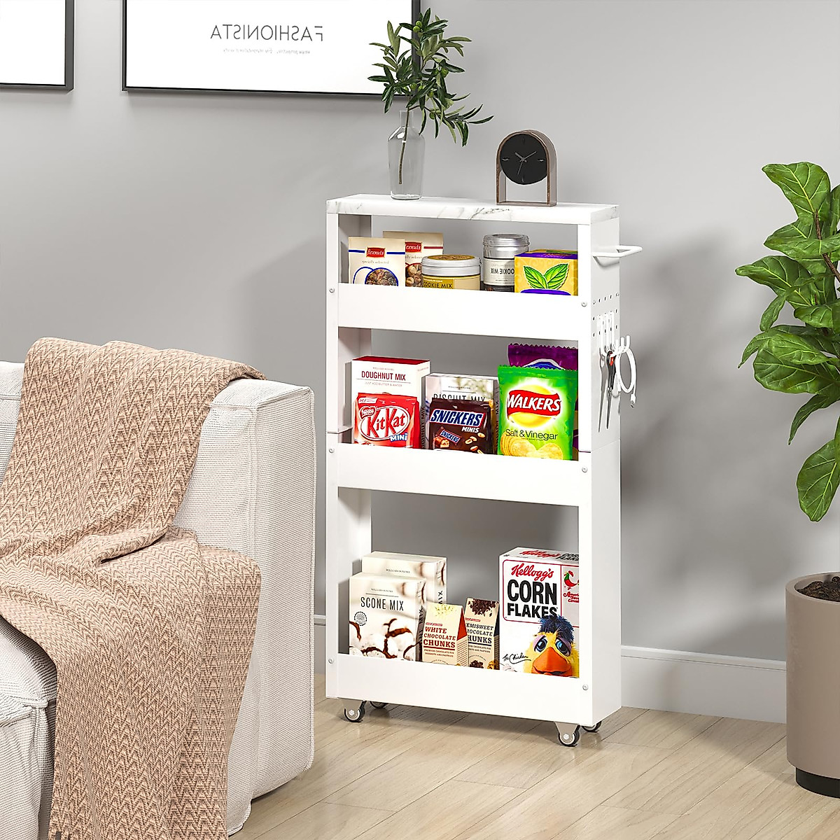 XYZLVSI Slim Storage Cart, 5 in Width, 4-Tier White Rolling Cart with Handle & Wooden Top for Kitchen Bathroom Laundry Narrow Places