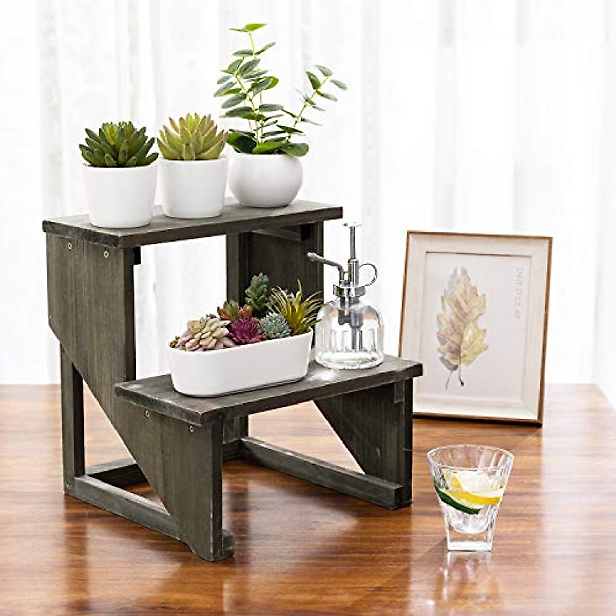 MyGift 2 Tier Rustic Dark Gray Solid Wood Desk Organizer Display Shelf, Farmhouse Style Tabletop Storage Shelves Home Decoration Rack