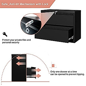 Reemoon Metal Lateral File Cabinet with Lock, 2 Drawer File Cabinet for Legal and Letter Size, Steel Filing Storage Cabinet for Home and Office, Assembly Required, Black