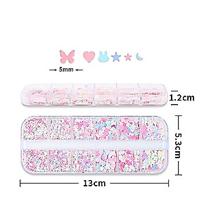 12 Grids Pink Laser Nail Glitter Sequins 3D Holographic Nail Glitter Flakes Sparkle Stars Moon Nail Sequins Heart Butterfly Nail Charms Accessories for Women DIY Eyes Nail Art Supplies Decorations