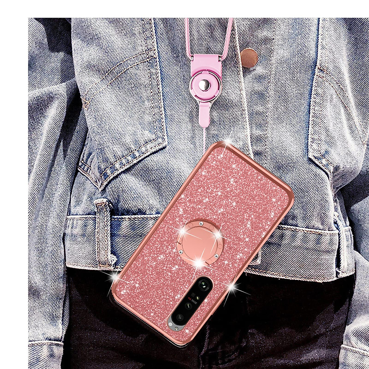 nancheng for Sony Xperia 1 III Phone Case (2021) with Ring Kickstand Lanyard Shockproof Protection Cover - Rose Gold