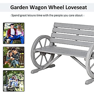 Outsunny Wooden Wagon Wheel Bench, Rustic Outdoor Patio Furniture, 2-Person Seat Bench with Backrest, Light Grey