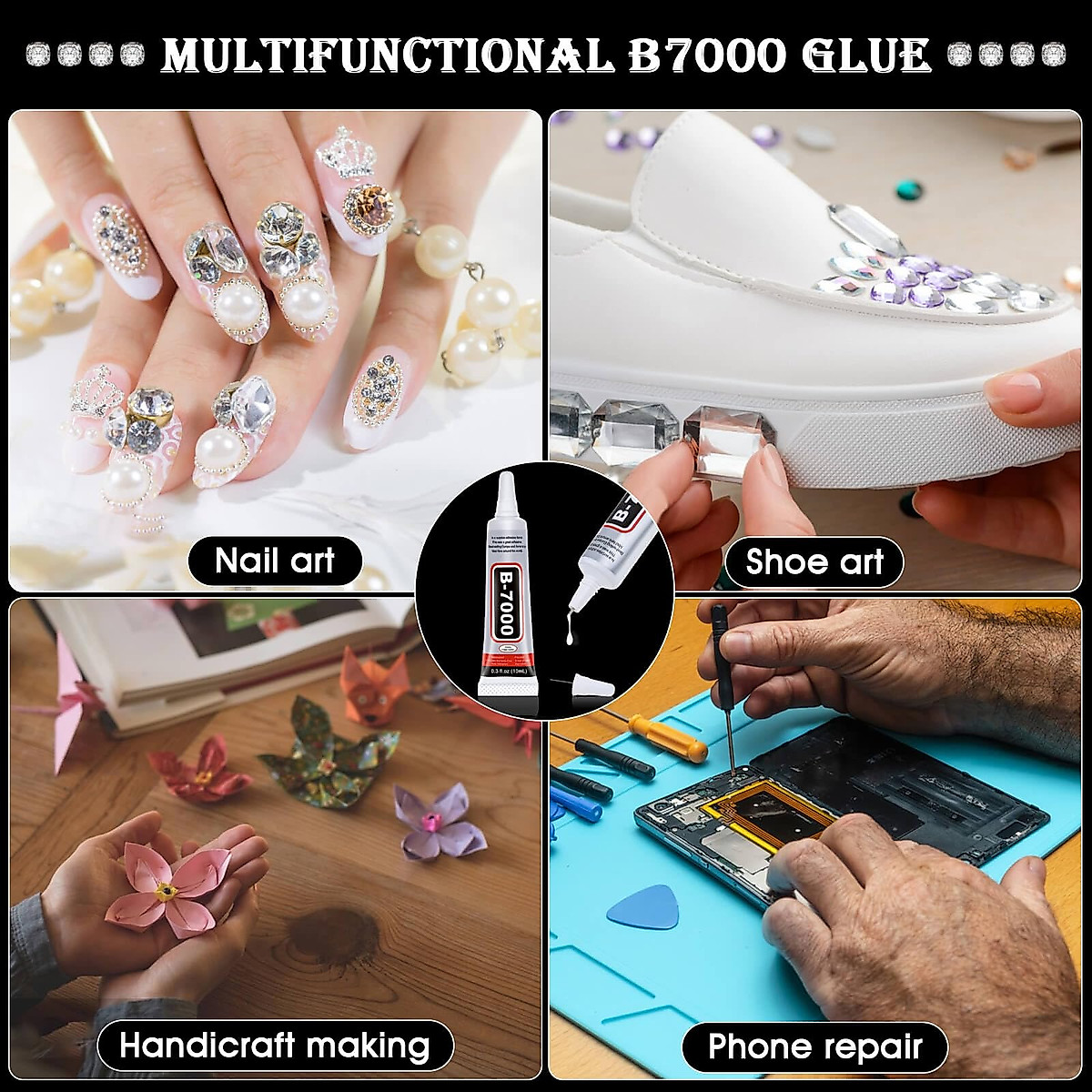 Tetutor Rhinestone Fringe with B7000 Glue Multipurpose Adhesive, 1 Yard Sparkle Rhinestone Trim Rhinestone Fringe Belt Rhinestone Fringe Trim, Sliver Diamond Fringe Rhinestone