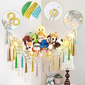 Dremisland Stuffed Animal Toy Hammock with Fairy Lights Macrame Rainbow Toy Net Hammock with Wood Beads Tassels-Stuff Animals Organizer Storage Toy Net Holder for Nursery Play Room, Kids Bedroom