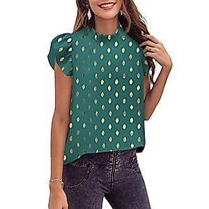 Avanova Women's Gold Dot Print Ruffle Cap Sleeve Frill Trim Crewneck Elegant Work Blouse Top Gold Dot Light Green X-Large