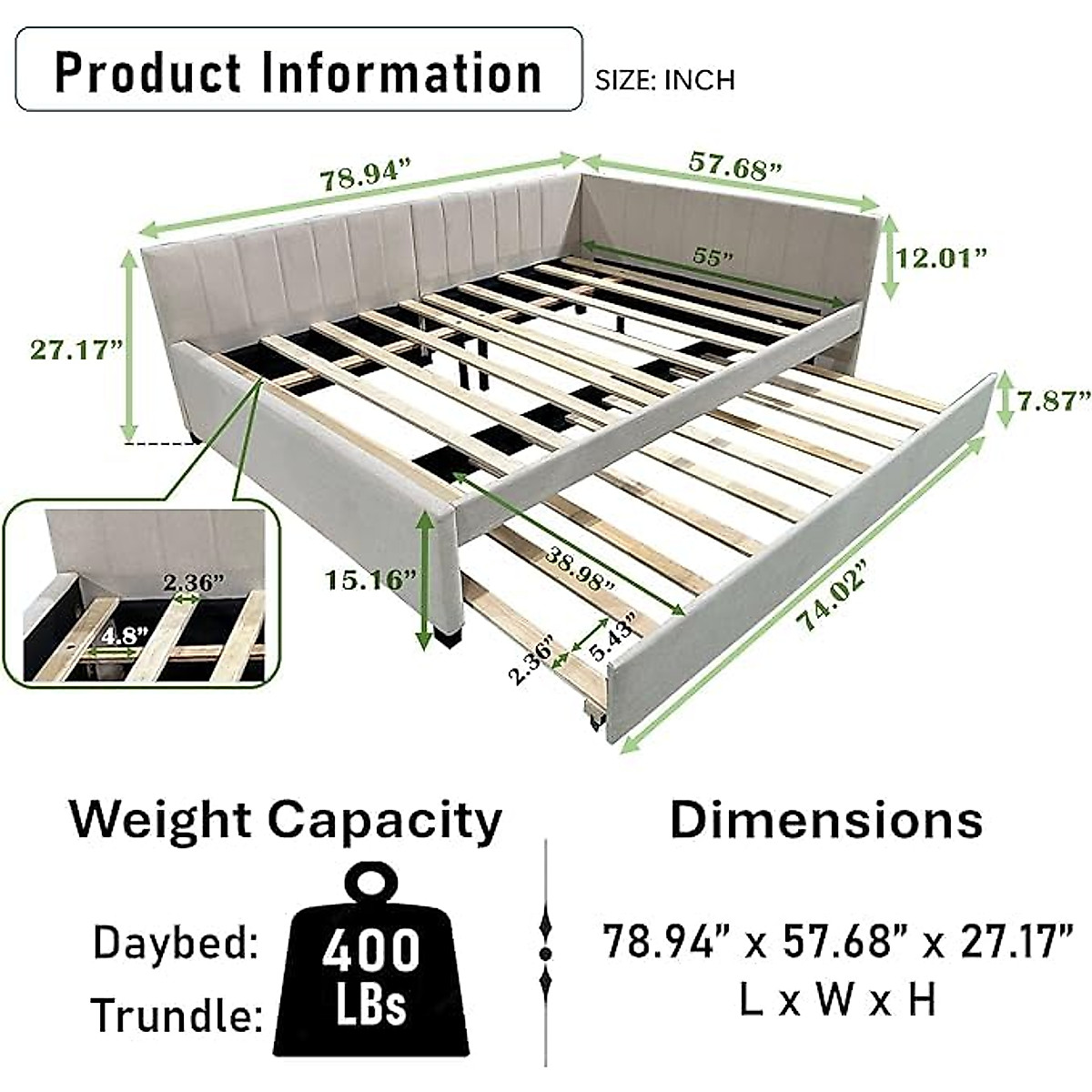UOCFYK Full Upholstered Daybed with Trundle and Safety Fence,Sofa Bed Frame w/Put Out Sofa Bed Design for Guest Room, Bedroom,No Box Spring Needed, Beige