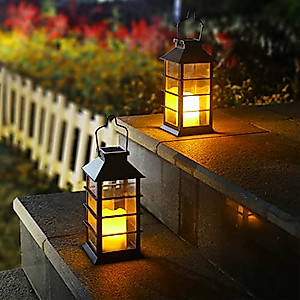 newvivid 2 Pack Outdoor Garden Hanging Lanterns with Waterproof LED Flickering Flameless Candle Solar Powered Lights Yard Decor Outdoor Decorative for Pathway Courtyard Party Patio (Black)