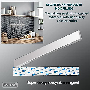 Hamletoff Magnetic Knife Holder for Wall no Drilling – 16 Inch Stainless Steel Magnetic Knife Holder Self Adhesive - Kitchen Magnetic Knife Strip with Adhesive Sticker