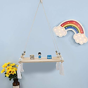 FIYO Wall Hanging Shelf, Wall Hanging Rack Wall Hanging Round Beads Shelf Storage Rack DIY Wooden Shelf Natural Light Reclaimed Triangle Floating Plant Aesthetic Decor (White Gray)