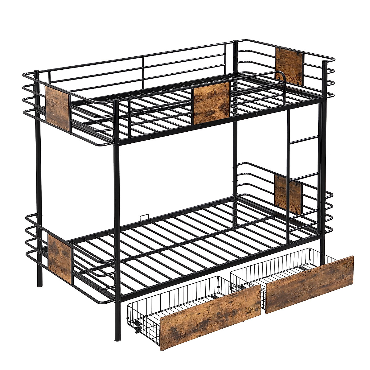 CKLMMC Twin XL Over Twin XL Metal Bunk Bed with MDF Board Guardrail and Two Storage Drawers for Kids Teens Adults