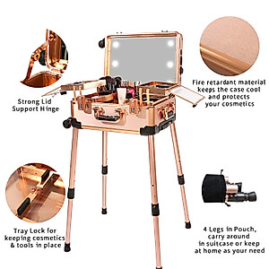 Jula Vance Medium Makeup Train Case with Code Lock, Lighted Mirror, Speaker Travel Cosmetic Organizer Box, Professional Artist Trolley Studio Free Standing Case