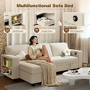 YESHOMY L-Shaped Sofa Bed Convertible Sectional Couch for Living Room with Pull Out Sleeper, Storage Chaise & 2 Built-in Bookcases, Light Beige