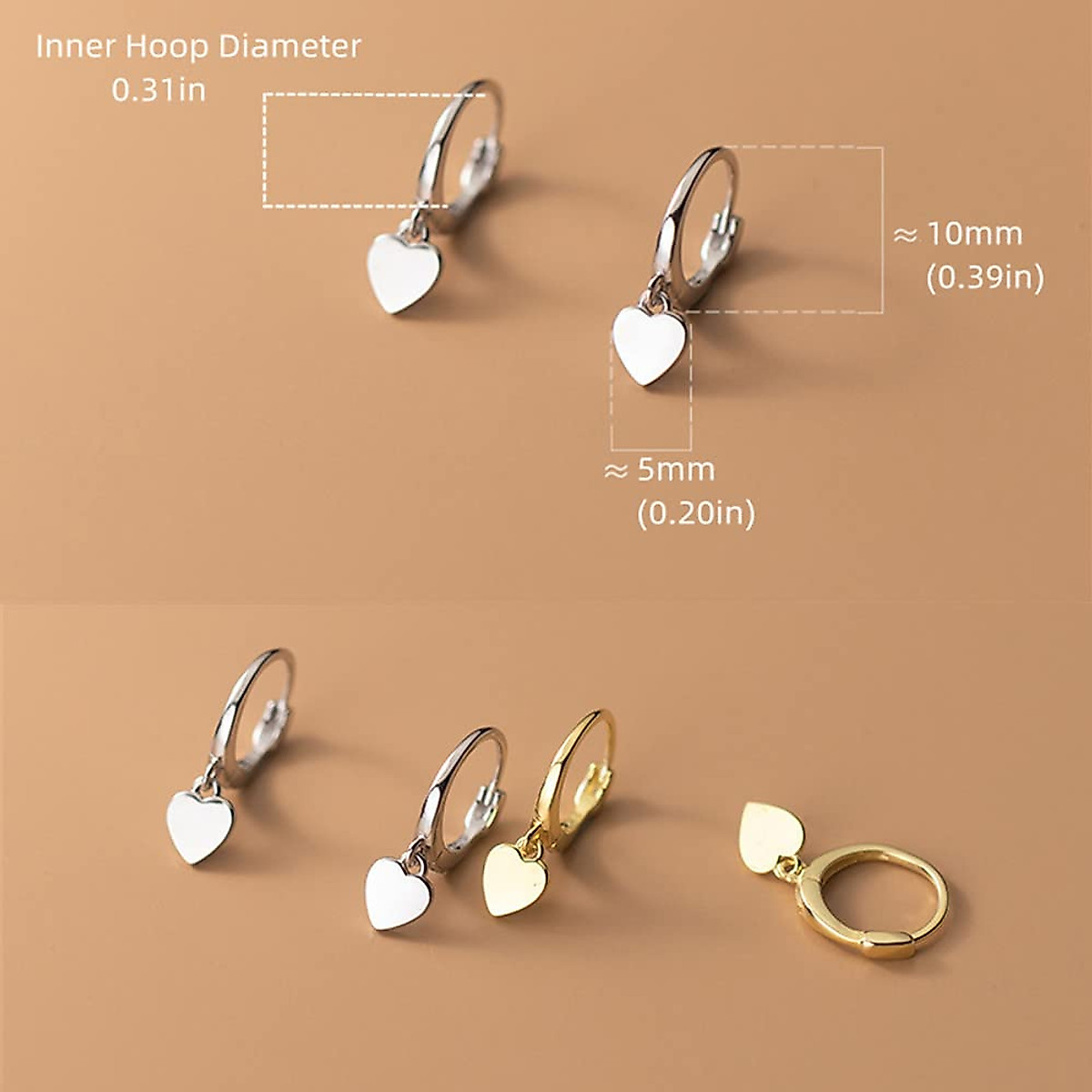 Dainty Heart Dangle Cartilage Small Hoop Earrings for Women 925 Sterling Silver Hypoallergenic Piercing Ear Cute Love Charms Huggie Hoops Minimalist Jewelry Gifts 8mm (14K Gold Plated)