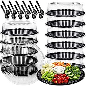 Tessco 12 Pack 16 Inch Heavy Duty Serving Tray with Clear Lid and Sporks, Large Plastic Tray with Elegant Platter Round Black Disposable for Fruit Sandwich Party Takeout Food Catering Picnic