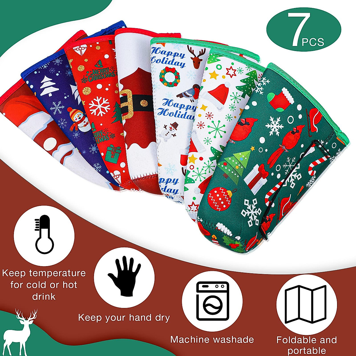 7 Pieces Christmas Coffee Sleeve Cup Reusable Iced Coffee Sleeve Insulator for Drinks Xmas Sleeve Mugs Cover Holders Santa Coffee Sleeve Tumbler Gift for 30 oz Cold Hot Beverages Milk Water