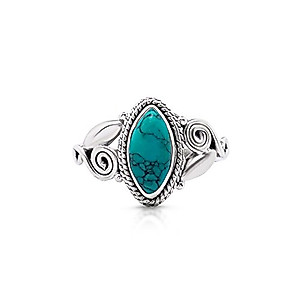 Koral Jewelry Synthetic Turquoise Vintage Gipsy Spiral Side Small Ring 925 Sterling Silver Boho Chic US Size 5 6 7 8 9 (10)