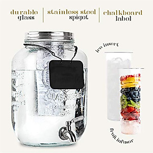 2 Gallon Glass Beverage Dispenser with Ice and Fruit Infusers, Stainless Steel Spigot, Chalkboard Label and Metal Lid, Wide Mouth Lemonade Drink Dispenser, Yorkshire Mason Jar, Kombucha Fermenting