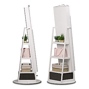 Full-Length Standing Mirror Jewelry Cabinet with Lights, Storage, and Rotating Shelf - White