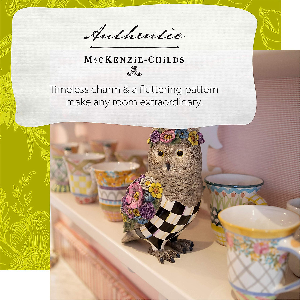 MACKENZIE-CHILDS Flower Market Olivia Owl, Decorative Owl Figurine, Unique Home Accents