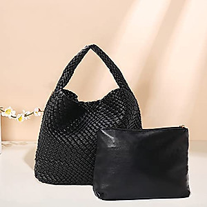Women 2 in 1 Leather Handbag Hobo Purse Weave Shouler Bag Large Capacity Top Handle Satchal Bag, Black