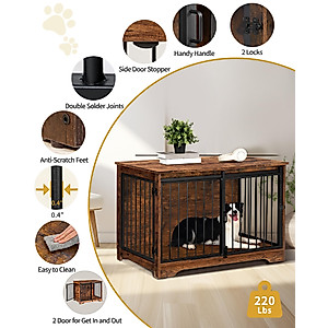 Hzuaneri Dog Crate Furniture, 39.4" Double Door Dog Crate with Barn Door, Dog Kennel Indoor, End Side Table Wooden Dog Crate for Small Medium Large Dog, Anti-Chew Anti-Escape, Rustic Brown DFC02301B