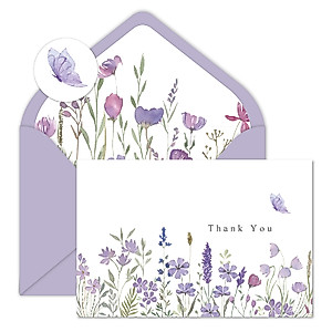 AnyDesign 24 Pack Wildflower Thank You Cards Bulk Purple Flower Greeting Cards with Envelope Sticker Floral Blank Note Cards for Birthday Wedding Baby Shower Bridal Shower, 4 x 6 Inch