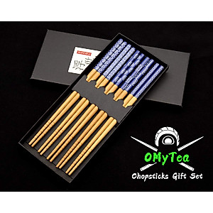 OMyTea Chopsticks Reusable - Japanese Bamboo Chopsticks 5 Pairs Gift Sets, 8.9 Inch/22.5cm, for Sushi, Ramen, Noodles, Rice, Travel, Camping (Japanese Blue)