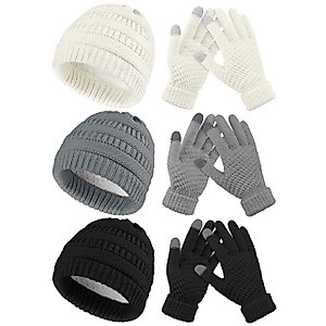 KUTTOR 6 Pieces Winter Knitted Beanie Hats Gloves Set Warm Cozy Skull Ski Cap Touchscreen Knitted Gloves for Women