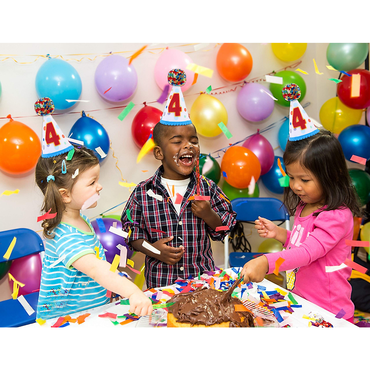 WAHAWU Baby 4th Birthday Party Handmade Hat, Primary Colors Confetti Cone Mini Hat with Multicolored Fur Balls, Stretchable Band, Fits Baby Girls/Boys, 3.5*3.1 inches, Costume Headwear