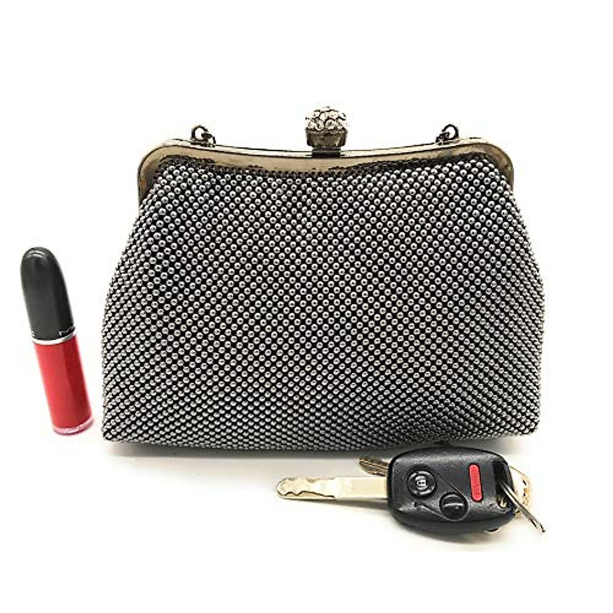 Women clutch small metal beaded mesh evening purse bag for Cocktail Party Prom Wedding Banquet (Gun Metal)