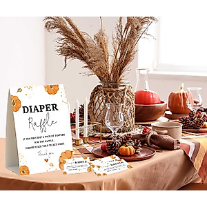 Baby Shower Games - Little Pumpkin Diaper Raffle, 1 Sign and 50 Diaper Raffle Tickets, Gender Reveal Game, Fall Baby Shower Decoration Supplies (RNB05)