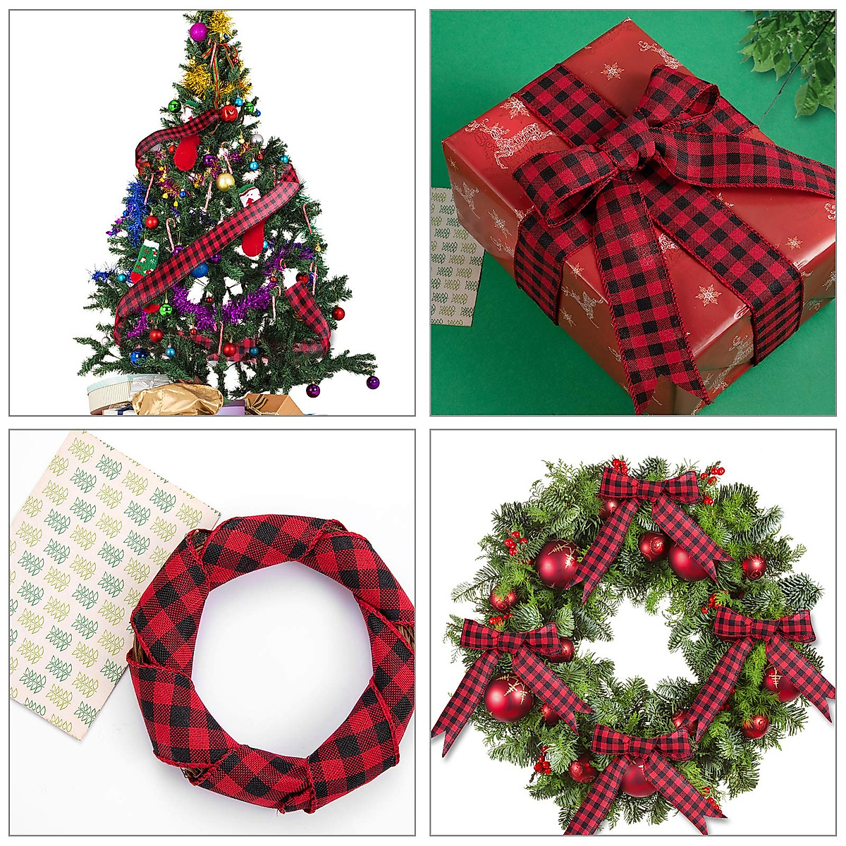 3 Rolls Wired Plaid Ribbons,3x10 Yards,2 Inch Black Red Plaid Ribbon,Black White Buffalo Plaid Ribbon and Burlap Craft Ribbon for DIY Gift Wrapping, Holiday Decorations