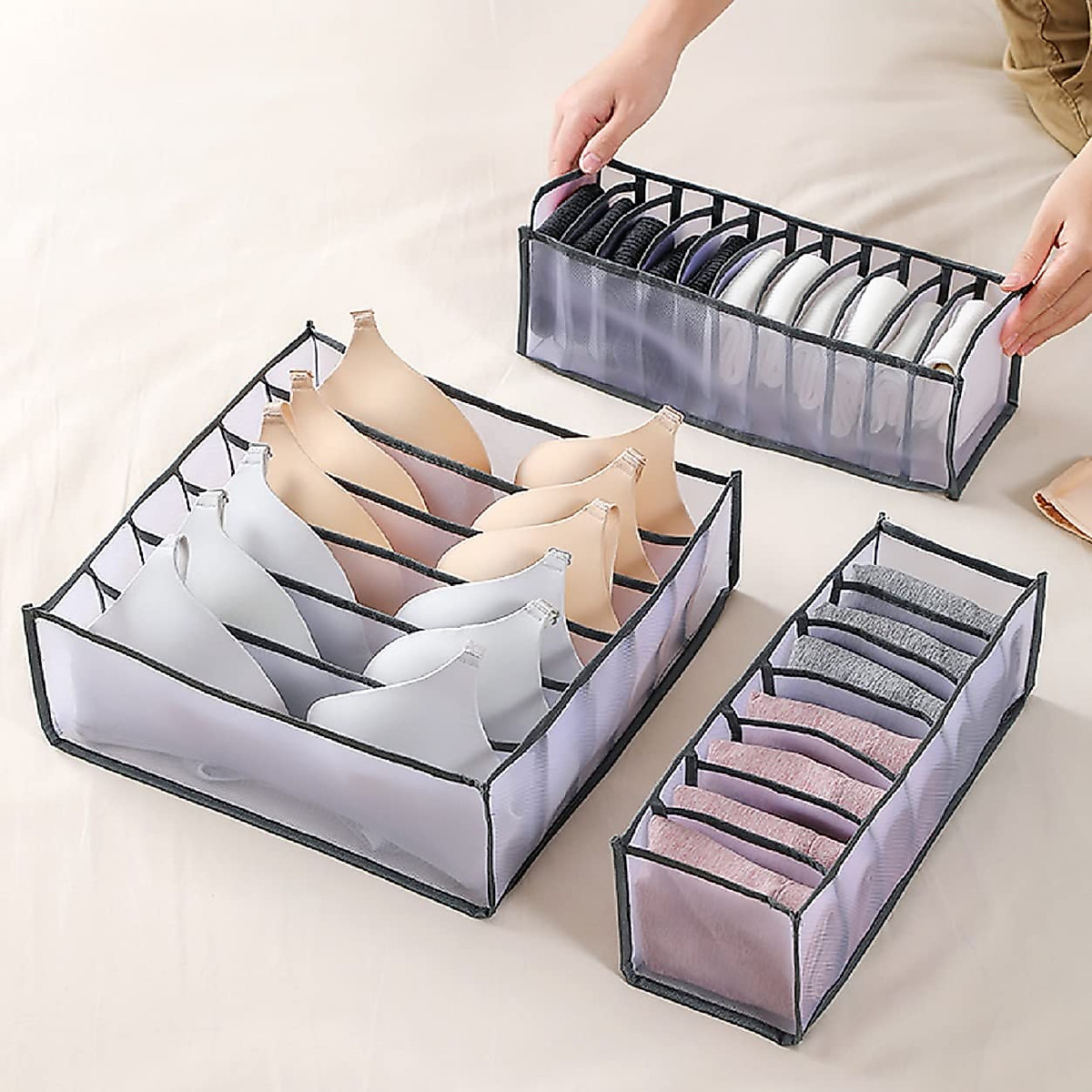 JIESMAERT Wardrobe Clothes Organizer Large Mesh Clothes Storage Containers Foldable Closet Organizer Bins, Visible Grid Storage Box for Bra, Underwear, Socks, Skirts, T-shirts, Jeans Pack of 3