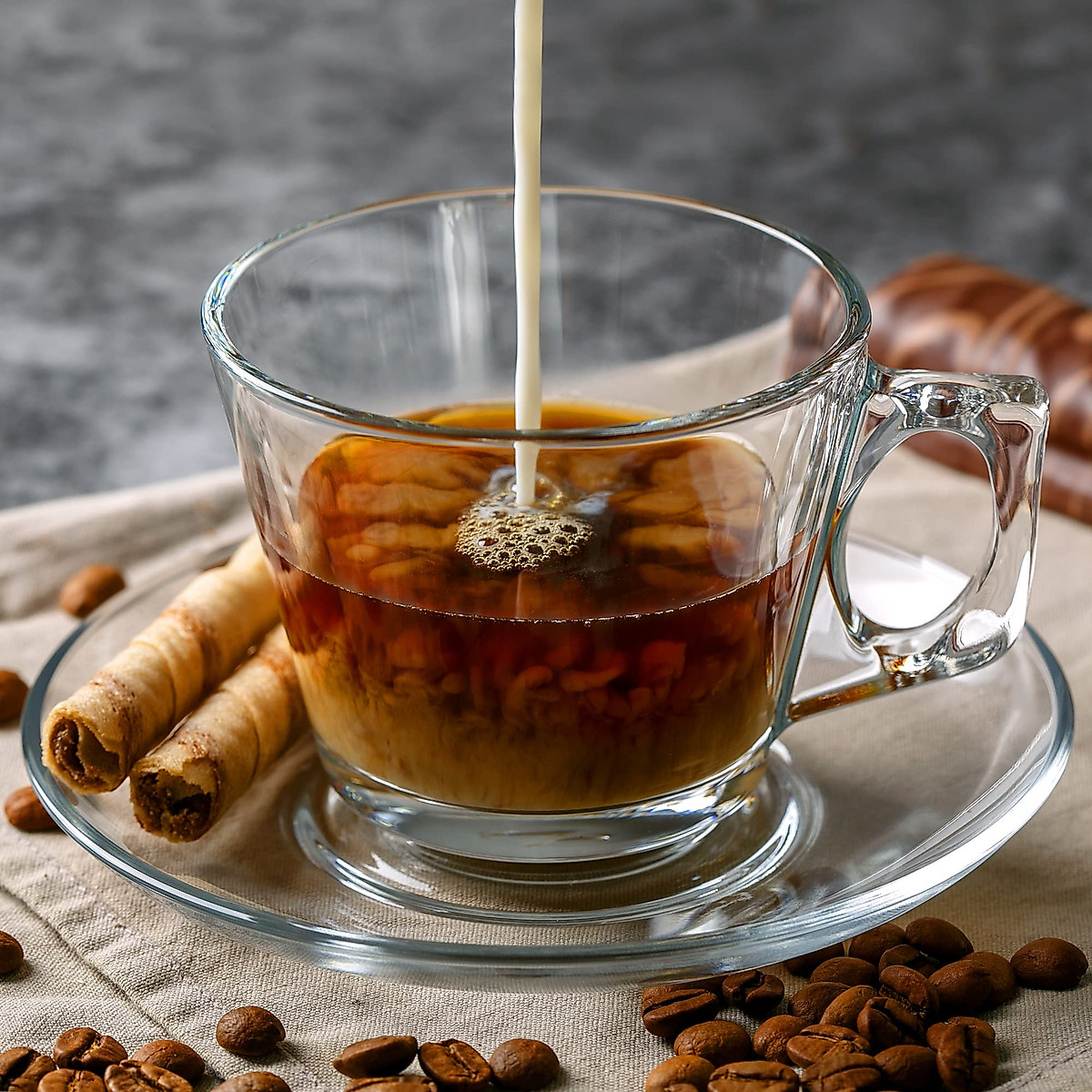 Volarium Tea Cups and Saucers Sets, 6PCs Clear Glass Coffee Mugs and 6PCs Glass Saucers, Ideal 6.5 Ounce Size for Cappuccino, Specialty Coffee Drinks, Latte, Cafe Mocha and Tea