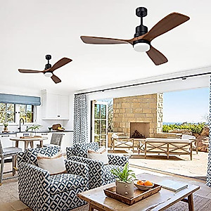 ghicc Ceiling Fans with Lights and Remote Modern Ceiling Fans with 3 Walnut Wood Blades, Indoor/Outdoor Ceiling Fans for Patios Farmhouse Bedroom，42"， Matte Black