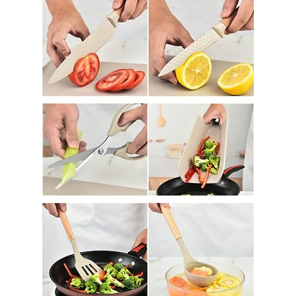 Kitchen Utensils Set-Cooking Utensils Set, 13-in-1 Kitchen Set with 8 Pieces Cooking Utensils+5 Pieces Knife Set with Block, Kitchen Utensils Non Stick and Heat Resistant Large Silicone Spatula, Khaki