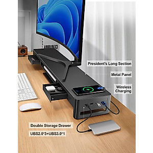 meatanty Dual Monitor Stand Riser with 2 Drawers,4 USB Ports and Charging Pad,Metal Monitor Stand for 2 Monitors Supports Transfer Data and Charging,Desk Organizer for PC,iMac(38.7 inches)
