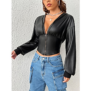 WDIRARA Women's PU Leather Ruched Zip Up Hoodie Long Sleeve Drop Shoulder Crop Jacket Black XS