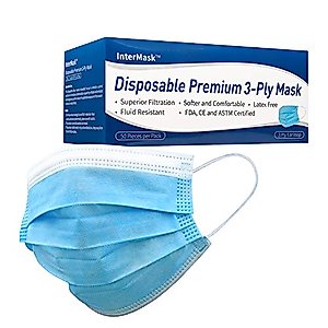 InterMask ASTM Level 3 Disposable Blue 3-Ply Face Masks for General Use, Home, Office, School, Restaurants, 50ct Box (Pack of 1)