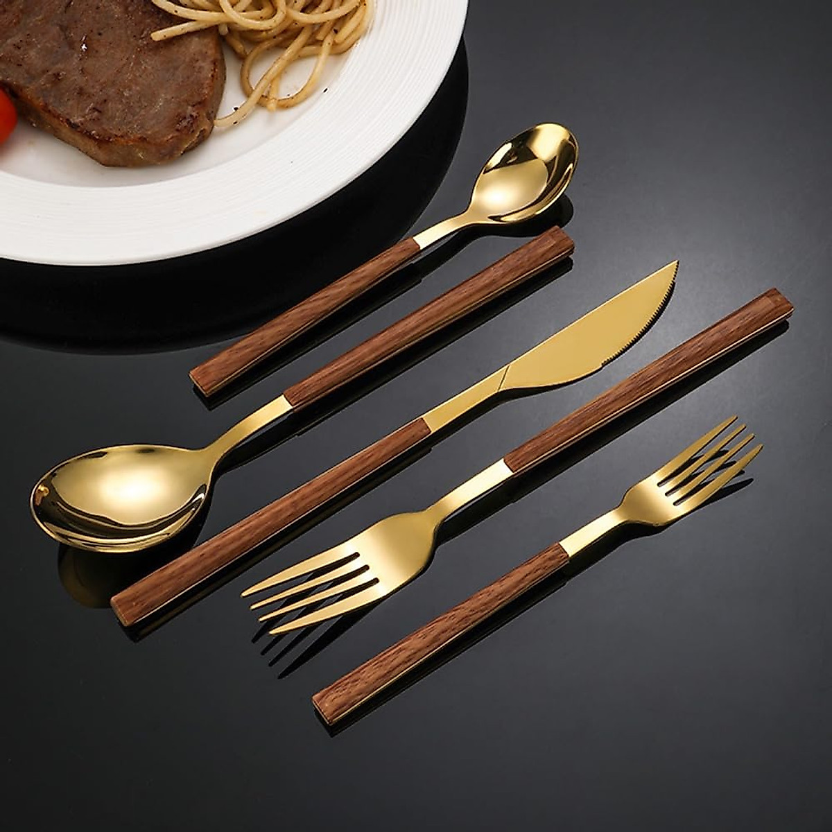 Aimilan 20 Piece Gold Silverware Set for 4, Imitation Wooden Handle Flatware Cutlery Set for Home Kitchen Restaurant, Mirror Finish, Dishwasher Safe (20-Piece for 4)