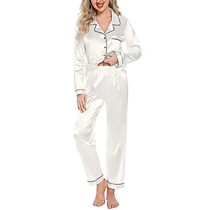 Pjmlifecoco Pj Sets for Women Silk Satin Pajama 2 Piece Long Sleeve Button Down Soft Sleep Pjs Set Sleepwear White