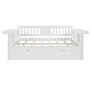 Aprilsoul Full Size Daybed with Two Drawers, Wood Slat Support, for Bedroom, Living Room, Guest Room, Children Room, Dormitory, Wooden Construction, Easy to Assemble, White