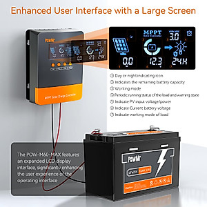 PowMr 60A MPPT Solar Charge Controller 12V 24V 36V 48V Auto, Solar Charge Regulator 60amp w/Large LCD Display, Work with AGM, Gel, Flooded and Lithium Batteries,Plug-and-Play【Update Version】