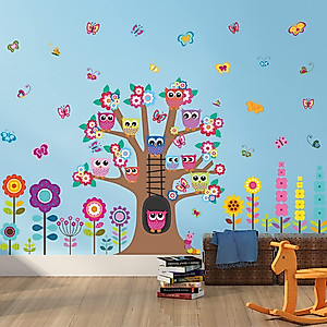 RW-C321 Removable Brown Tree Flowers Wall Decals Colorful Owls on the Tree Branches Wall Stickers DIY Butterfly Floral Green Leaf Plant Wall Decor for Kids Girls Bedroom Living Room Nursery Decoration