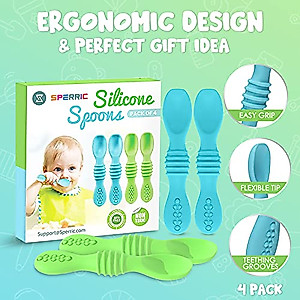 Silicone Baby Spoons for Baby Led Weaning 4-Pack, First Stage Baby Feeding Spoon Set Gum Friendly BPA Lead Phthalate and Plastic Free, Great Gift Set (Blue)