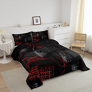 Feelyou Gamer Comforter Set for Boys Teens Kids Game Headphones Keyboard Mouse Gamepad Duvet Cover Twin Size Black Red Gaming Bedding Set Game Peripherals Decor Quilted Duvet Set with 1 Pillow Sham