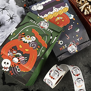 Whaline 600Pcs Halloween Stickers Roll Halloween Thank You for Business Stickers Skull Ghost Pumpkin Pattern Round Stickers for Halloween Envelopes Sealing Goodie Treat Bags Party Gift Favors Decor