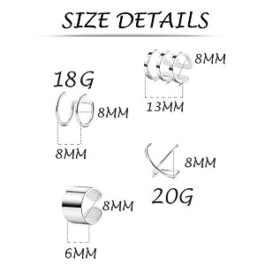Tornito 4-10 Pairs Stainless Steel Ear Cuff Helix Cartilage Clip On Wrap Earrings Fake Nose Ring Non-Piercing Adjustable (A4: 4 Pairs, Silver Tone)