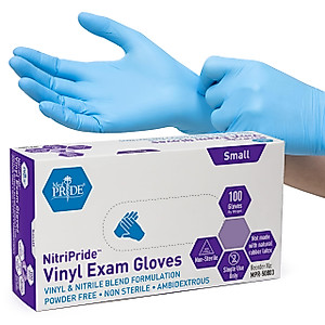 MED PRIDE NitriPride Nitrile-Vinyl Blend Exam Glove, Small 100 - Powder Free, Latex Free & Rubber Free - Single Use Non-Sterile Protective Gloves for Medical Use, Cooking, Cleaning & More